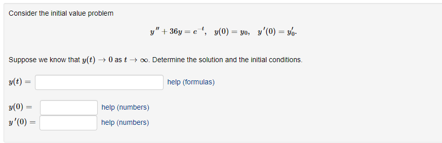 Solved Consider the initial value problem y′′+36y=e−t, | Chegg.com