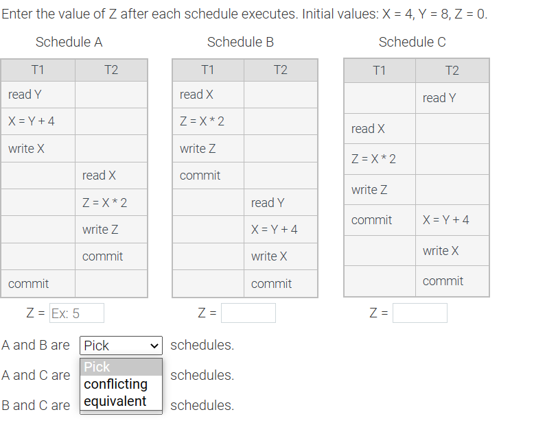 Solved Enter the value of Z after each schedule executes. | Chegg.com