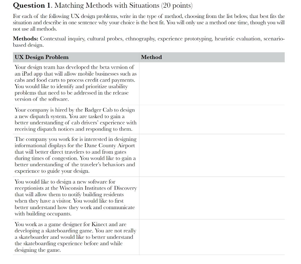 Solved Question 1. Matching Methods with Situations (20 | Chegg.com