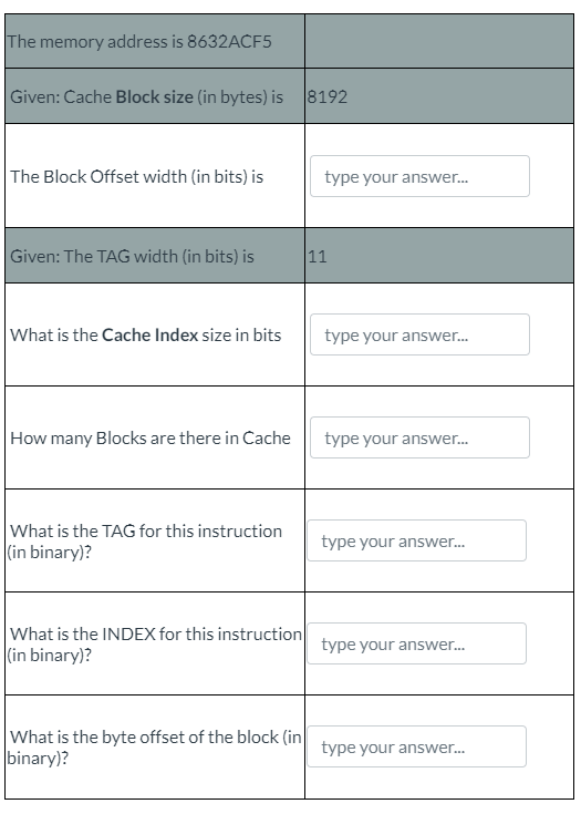Solved The memory address is 8632ACF5Given: Cache Block size | Chegg.com