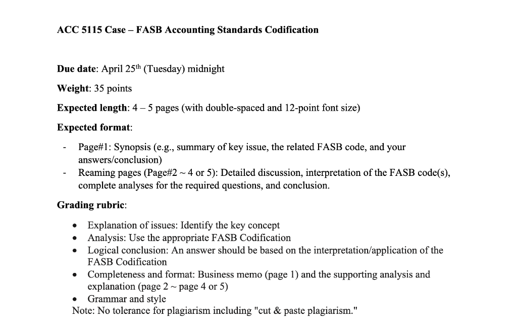Solved ACC 5115 Case - FASB Accounting Standards | Chegg.com