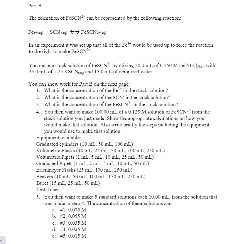 Solved Part B The formation of FeSCN2- can be represented by | Chegg.com