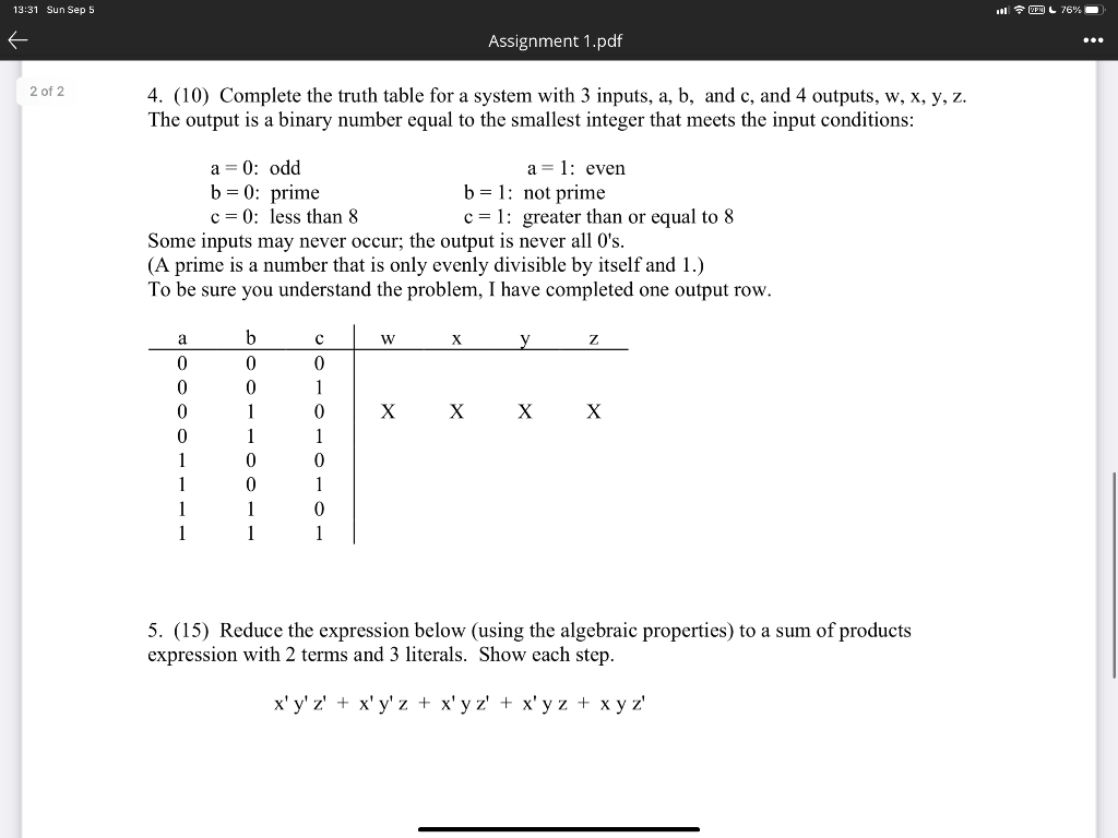 Solved 13:31 Sun Sep 5 101 76% Assignment 1.pdf 2 of 2 4. | Chegg.com