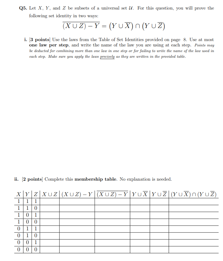 Solved Q5. Let X, Y, and Z be subsets of a universal set u. | Chegg.com