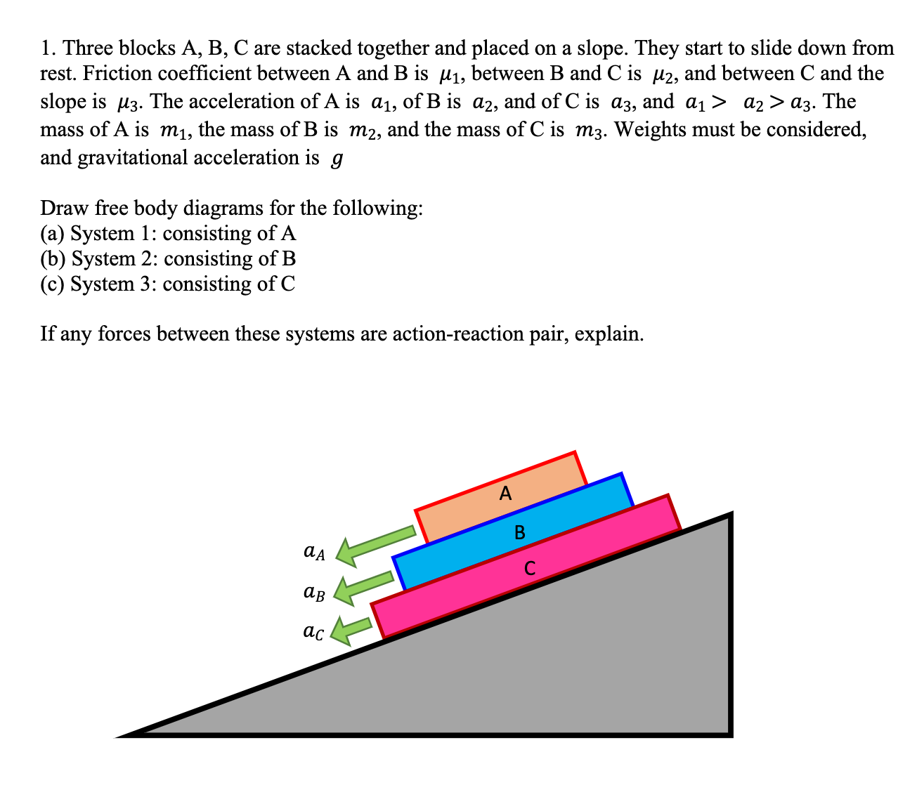 Solved 1. Three blocks A, B, C are stacked together and | Chegg.com