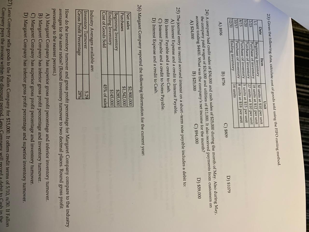 Solved 23) Given the following data, calculate cost of goods | Chegg.com