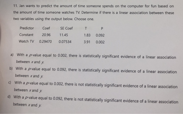 Solved 11. Jan wants to predict the amount of time someone | Chegg.com