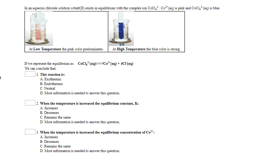 Solved COCL2. Co(aq) is pink and CoCl4-(aq) is blue. In an | Chegg.com