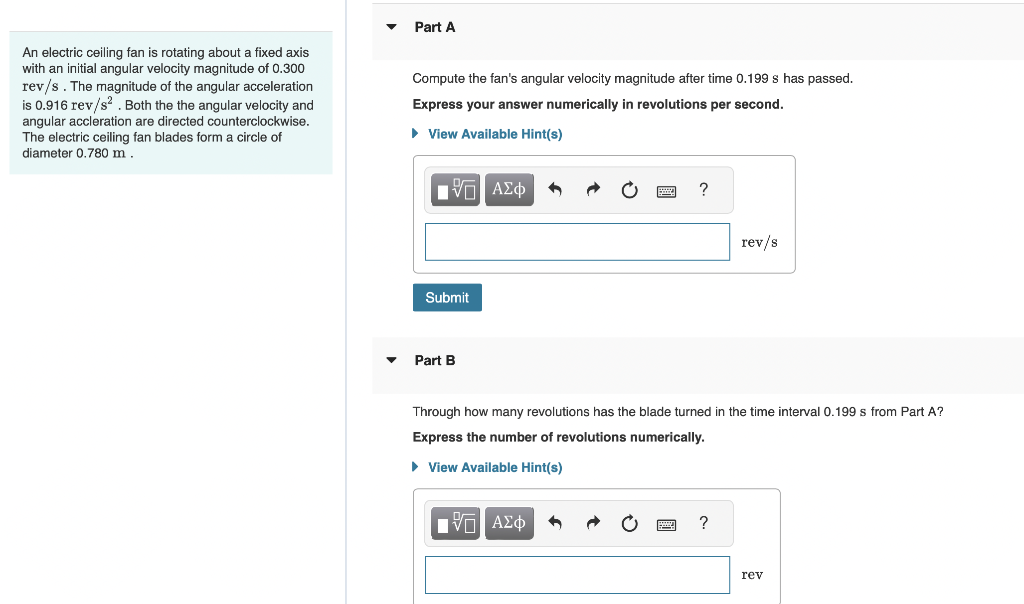 Solved An electric ceiling fan is rotating about a fixed | Chegg.com