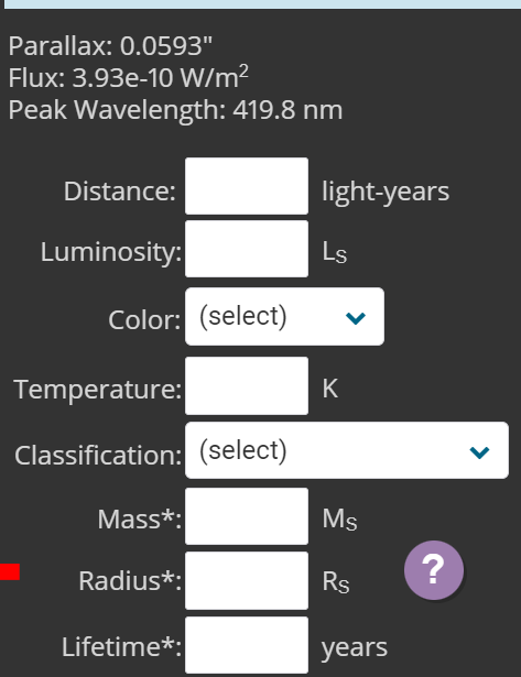 Solved Parallax: 0.0593" Flux: 3.93e-10 W/m2 Peak | Chegg.com