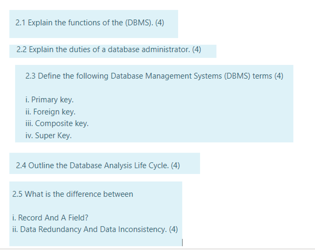 Solved 2.1 Explain the functions of the (DBMS). (4) 2.2 | Chegg.com