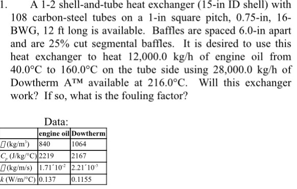 1.A 1-2 shell-and-tube heat exchanger (15-in ID | Chegg.com
