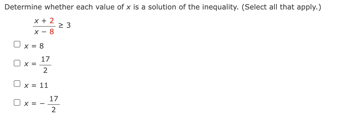 Solved Determine whether each value of x is a solution of | Chegg.com