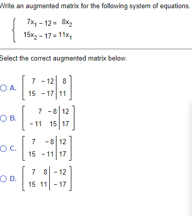 Solved Write an augmented matrix for the following system of | Chegg.com