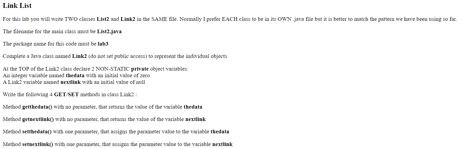 Solved Link List For this lab you will write TWO classes | Chegg.com