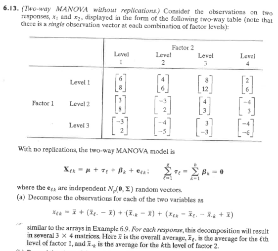 Solved 13. (Two-way MANOVA without replications.) Consider | Chegg.com