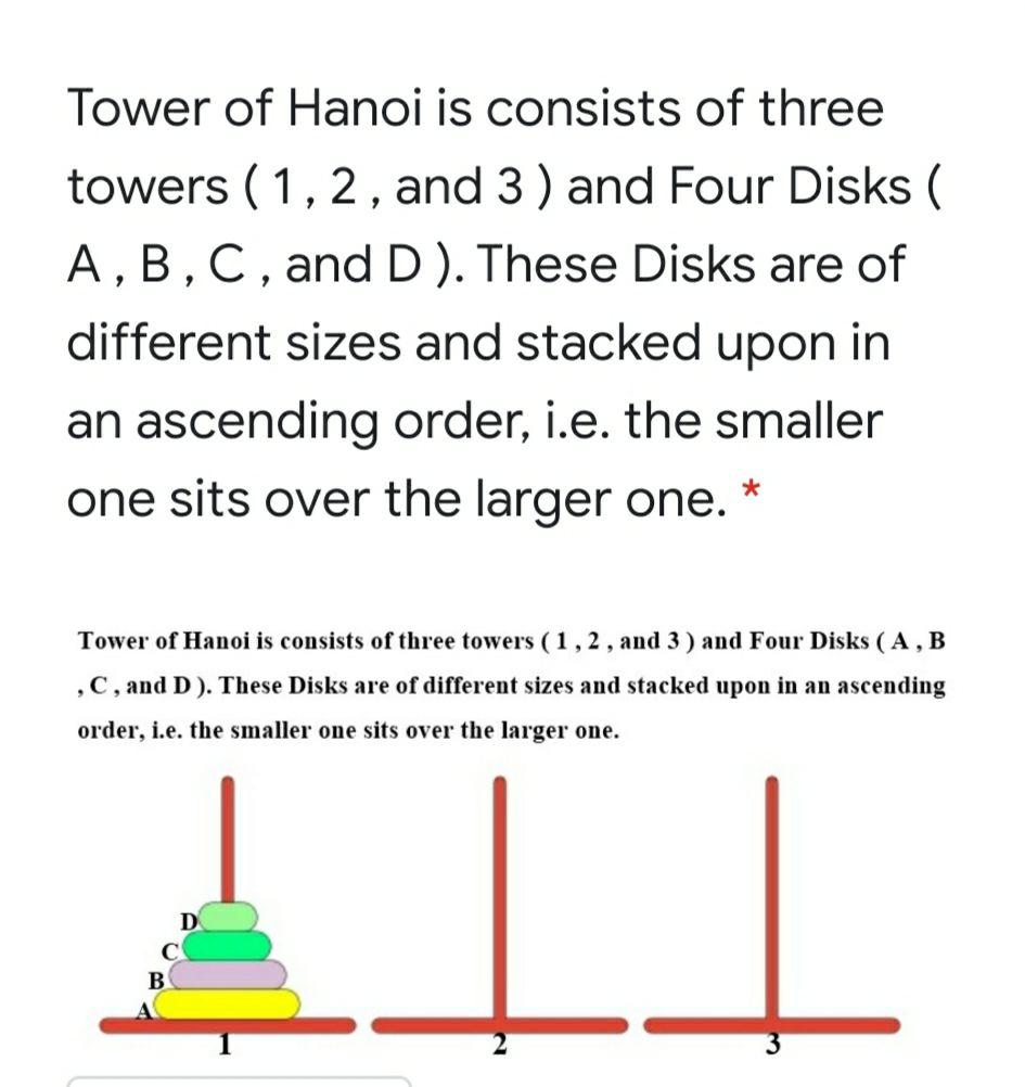 Solved Tower of Hanoi is consists of three towers (1, 2, and | Chegg.com