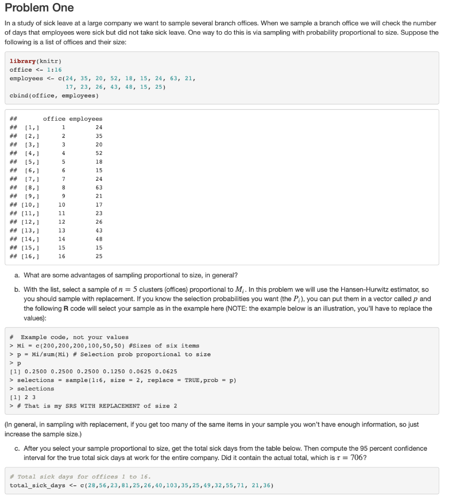 Solved Problem One In a study of sick leave at a large | Chegg.com