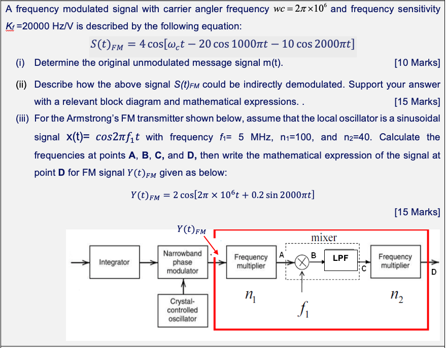 Solved A frequency modulated signal with carrier angler | Chegg.com