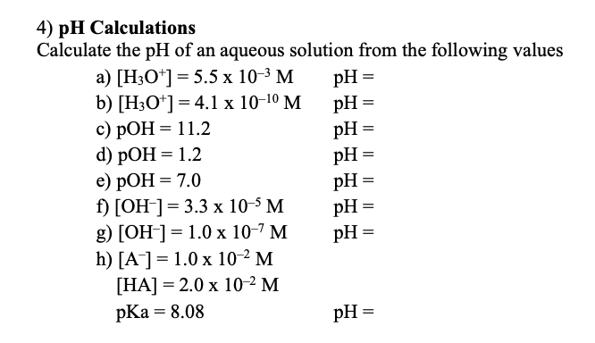 Solved pH 4) pH Calculations Calculate the pH of an aqueous | Chegg.com