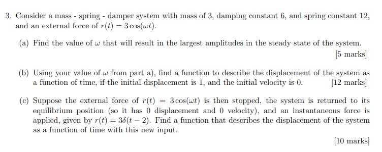 Solved 3. Consider a mass - spring - damper system with mass | Chegg.com