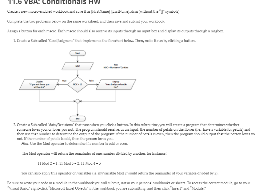 Solved 11.6 VBA: Conditionals HW Create a new macro-enabled | Chegg.com