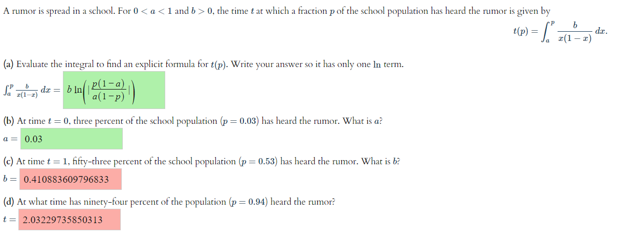 Solved A rumor is spread in a school. For ( 0, the time t | Chegg.com