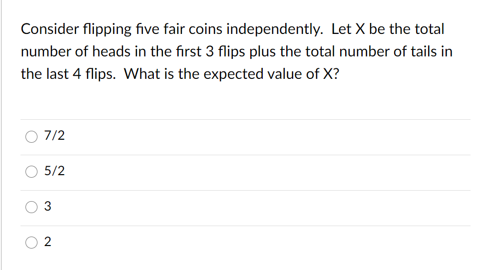 Solved Consider flipping five fair coins independently. Let | Chegg.com