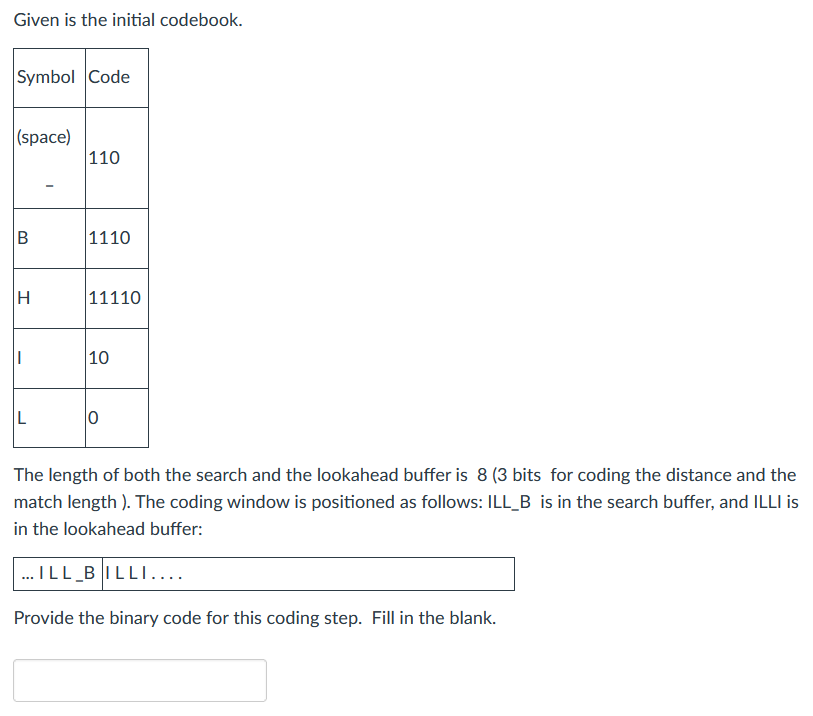 Given is the initial codebook. Symbol Code (space) | Chegg.com