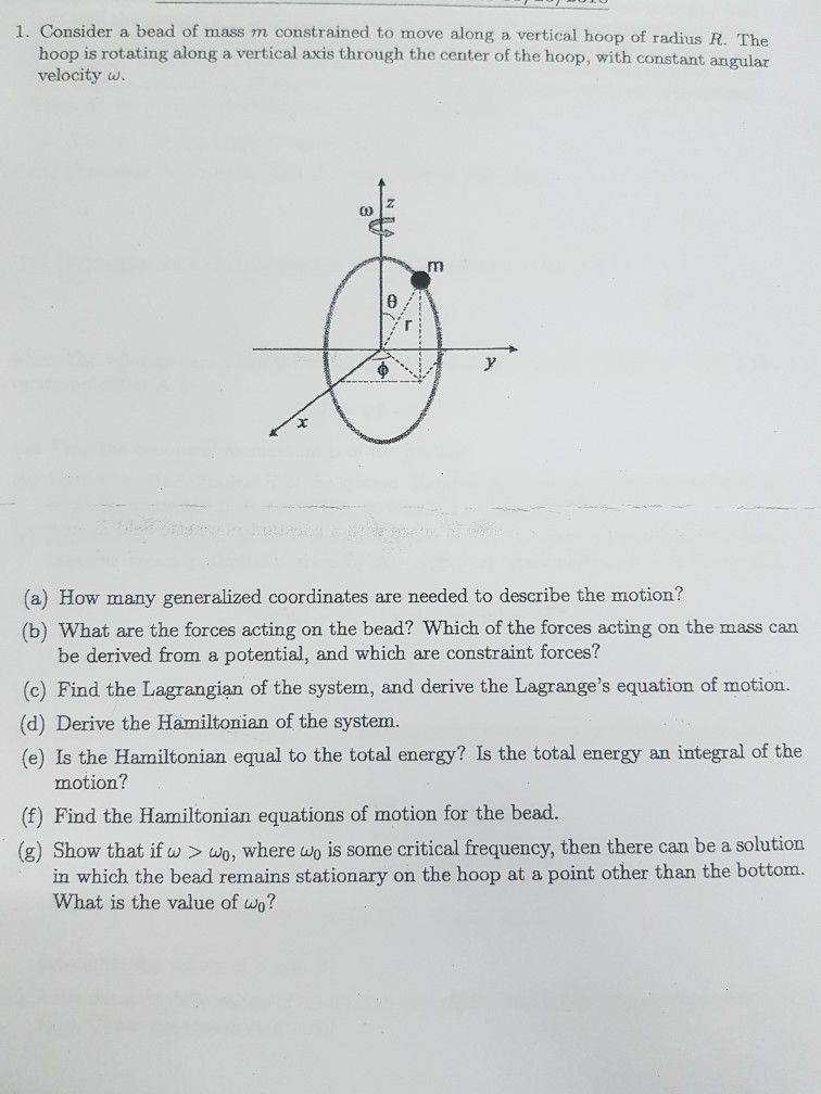Solved 1. Consider a bead of mass m constrained to move | Chegg.com
