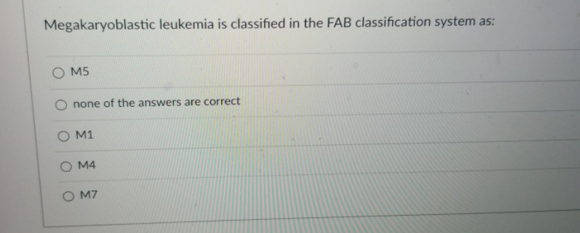 Solved Megakaryoblastic leukemia is classified in the FAB | Chegg.com