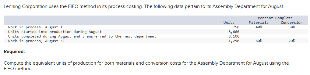 Solved Lenning Corporation uses the FIFO method in its | Chegg.com