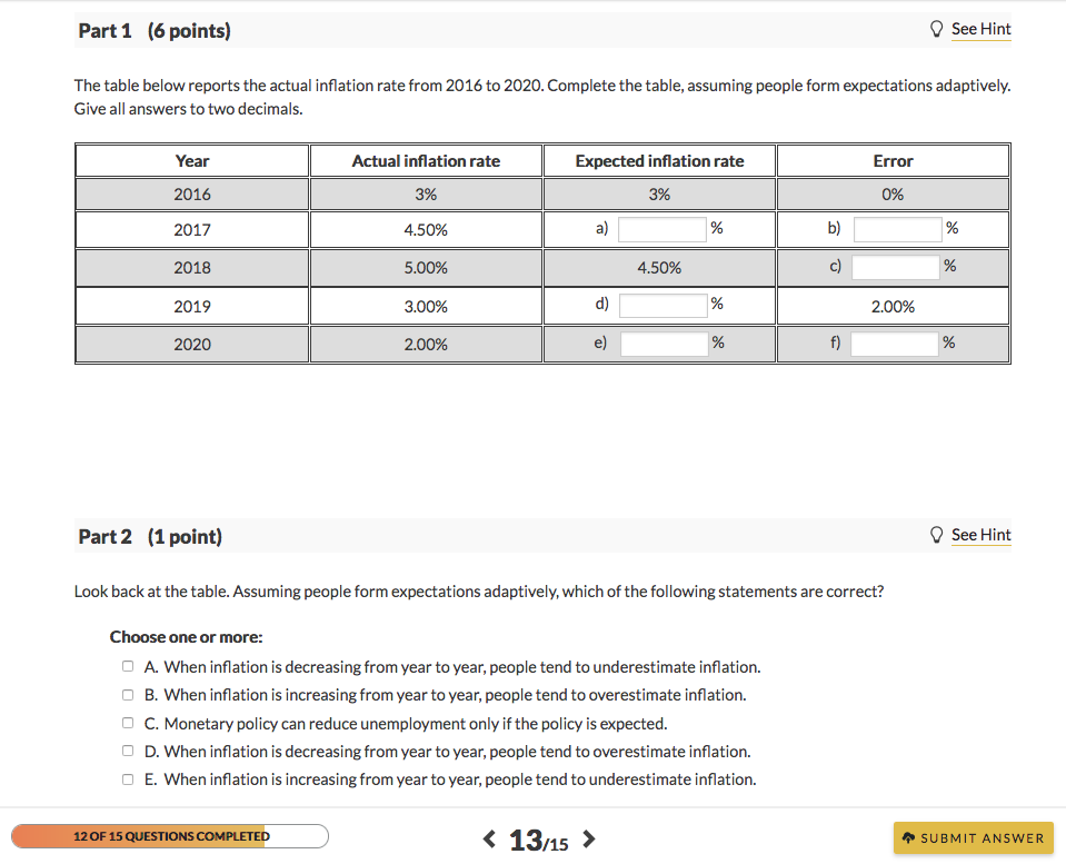 Solved Part 1 (6 points) See Hint The table below reports | Chegg.com