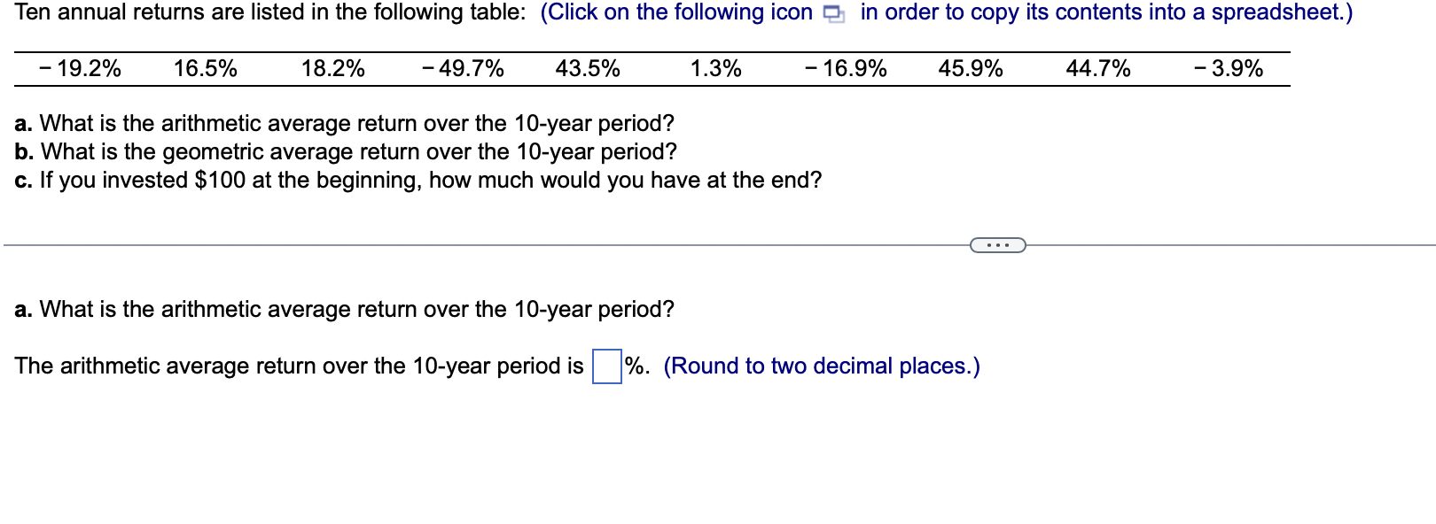 Solved A What Is The Arithmetic Average Return Over The 10 1047