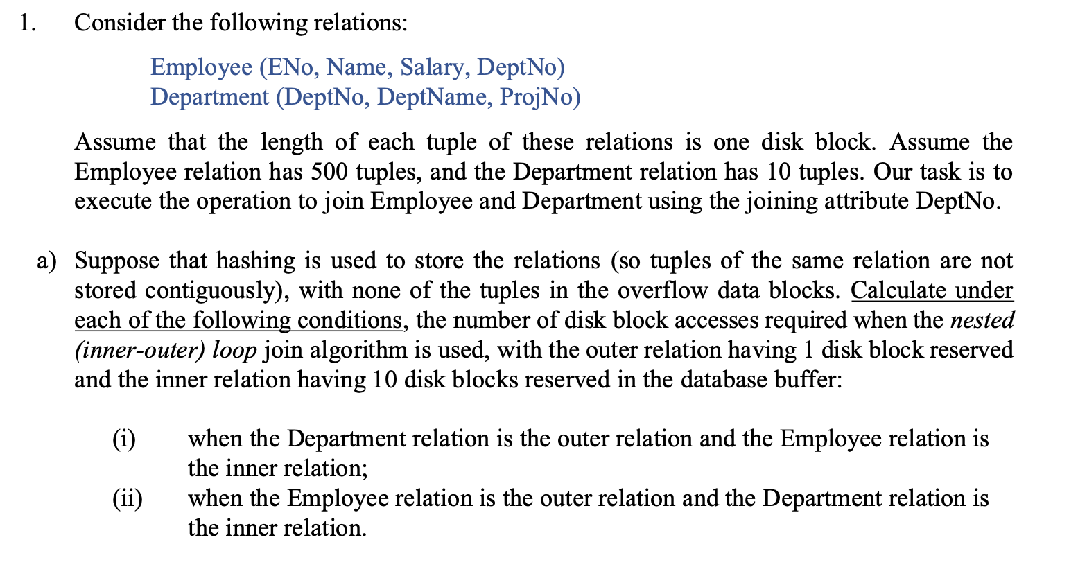 1. Consider the following relations: Employee (ENo, | Chegg.com