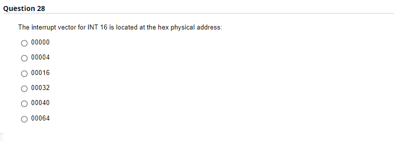Solved The interrupt vector for INT 16 is located at the hex | Chegg.com