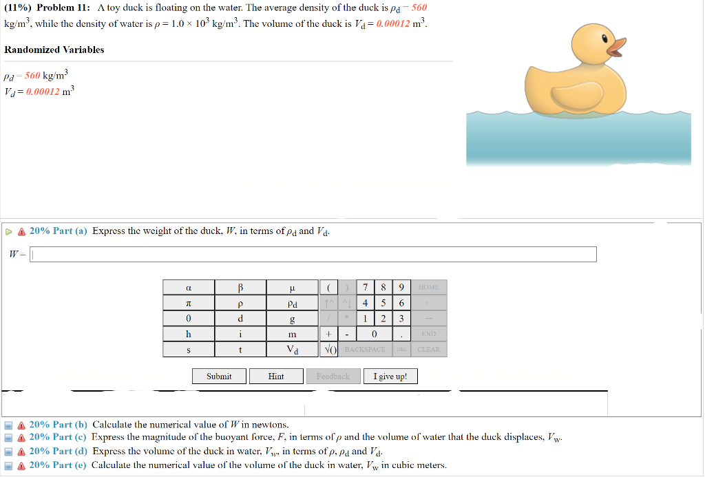 Solved (11\%) Problem 11: Λ toy duck is floating on the | Chegg.com