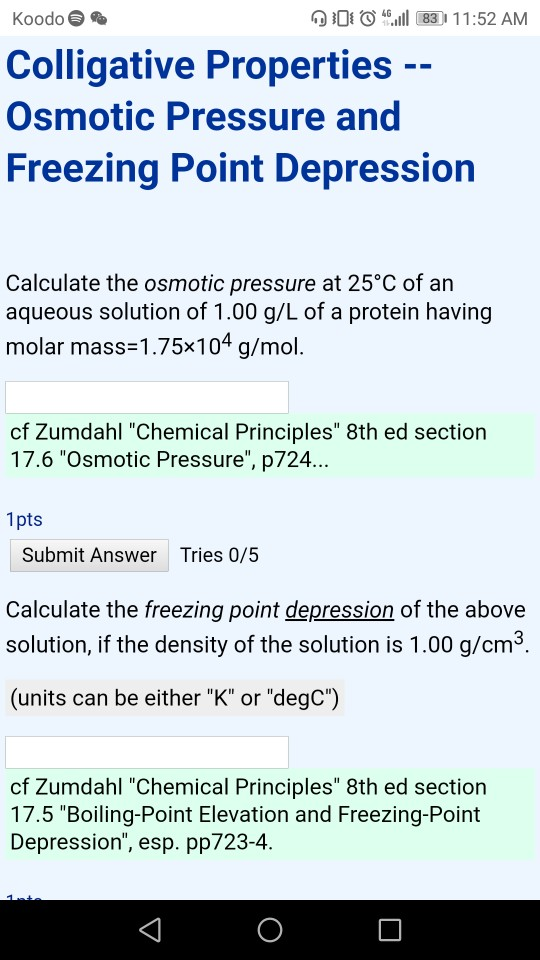 Solved 4G Koodo 83 11:52 AM Colligative Properties -- | Chegg.com