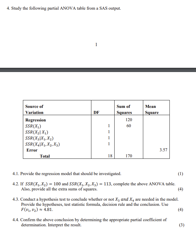4. Study the following partial ANOVA table from a SAS | Chegg.com
