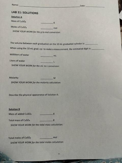 LAB 11: SOLUTIONS Solution A Mass of CuSO4 Moles of | Chegg.com