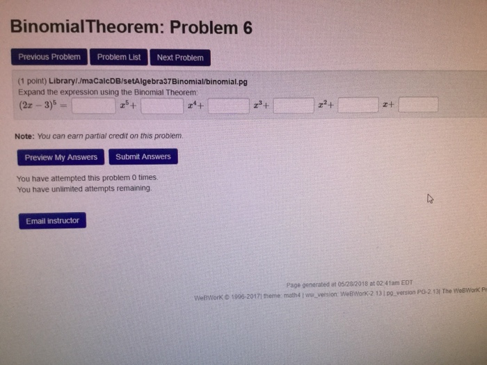 Solved BinomialTheorem: Problem 6 Previous Problem Problem | Chegg.com