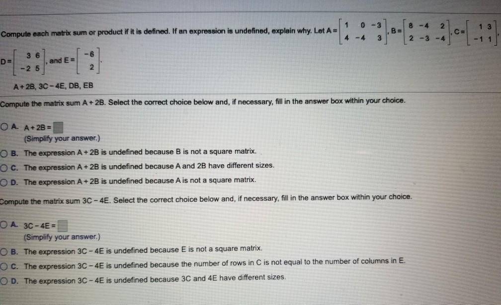 Solved Compute each matrix sum or product if it is defined. | Chegg.com