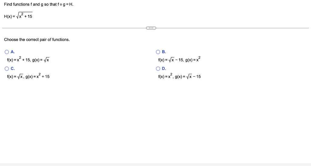 Solved Find functions f and g so that fog=H. H(x) = Vx?: + | Chegg.com