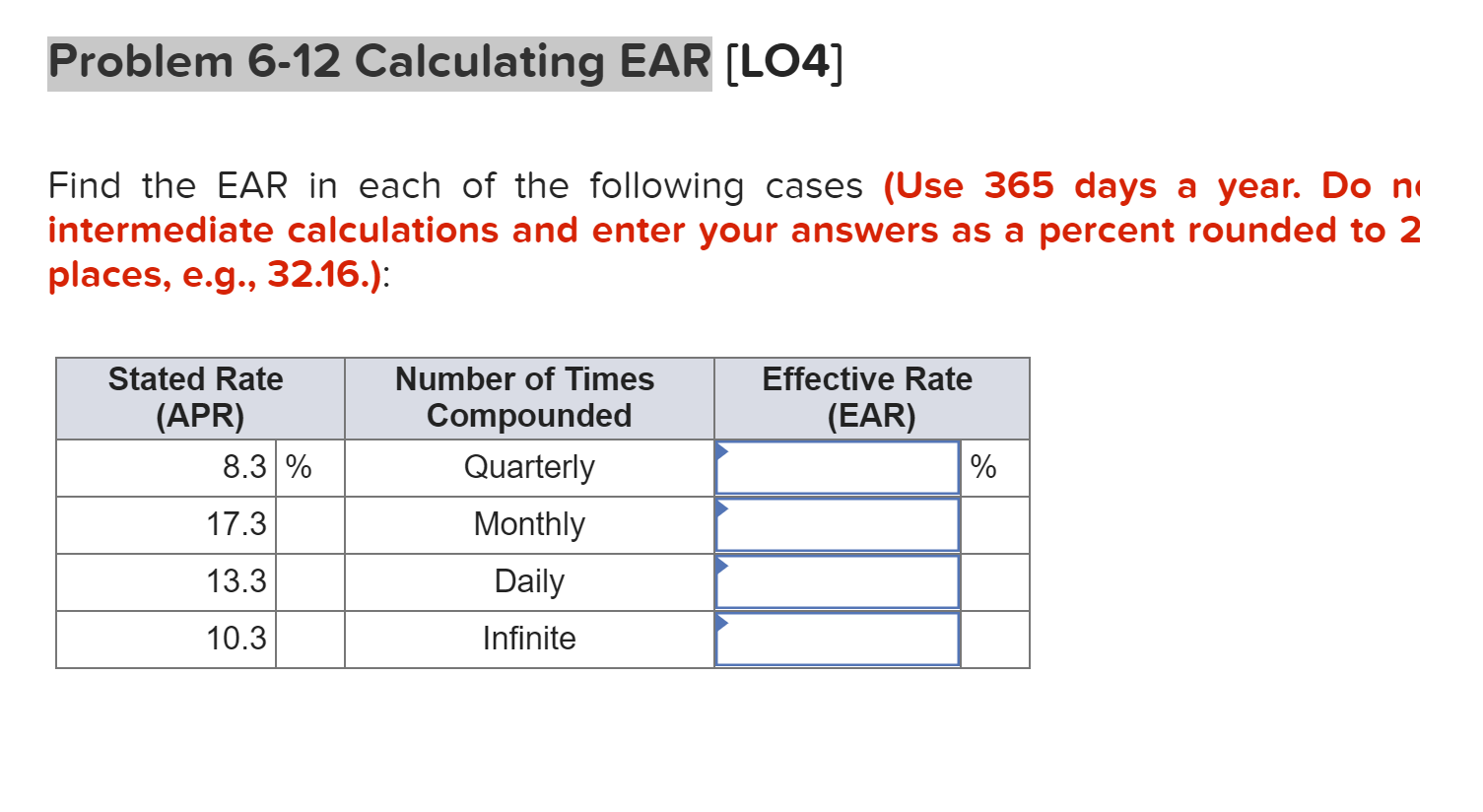 Solved Problem 6-12 Calculating EAR (LO4] Find the EAR in | Chegg.com