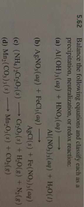 Solved 5.62 Balance the following equations and classify | Chegg.com