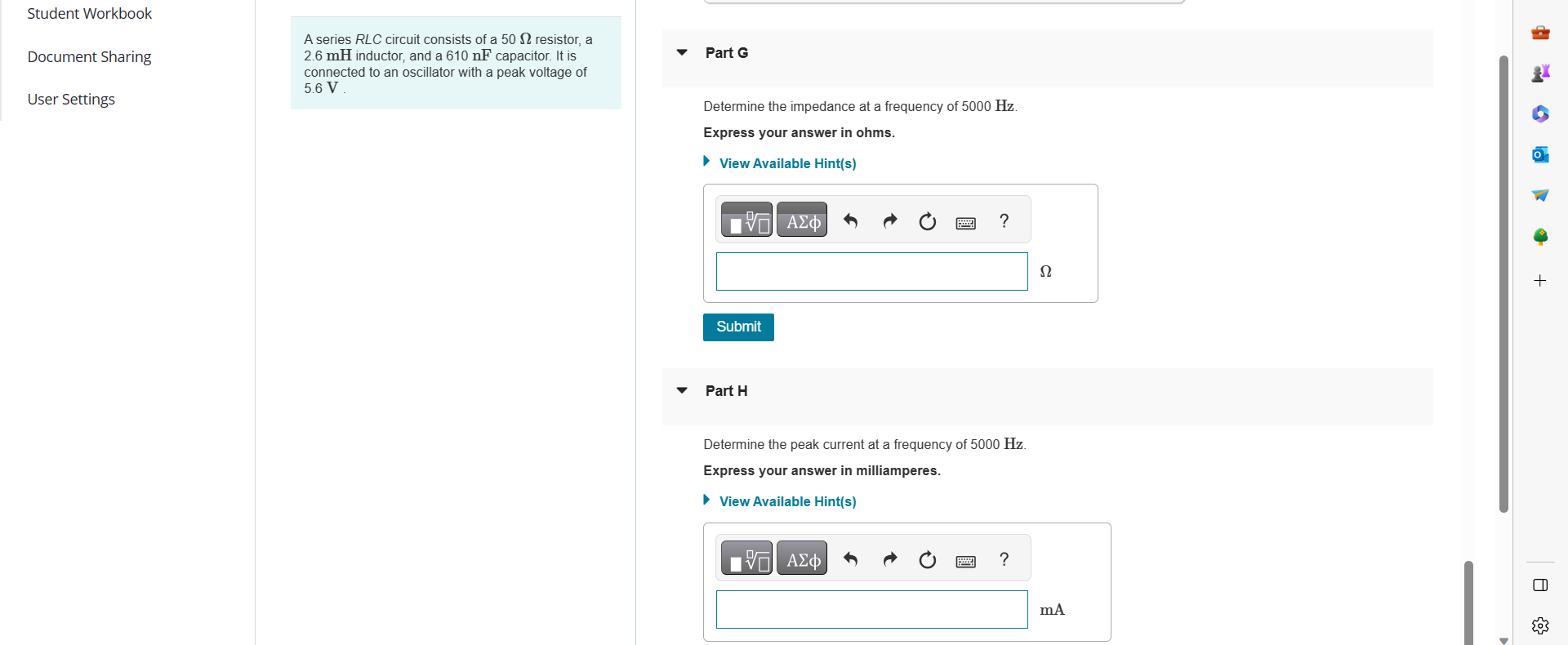 Solved Student Workbook Document Sharing A series RLC | Chegg.com