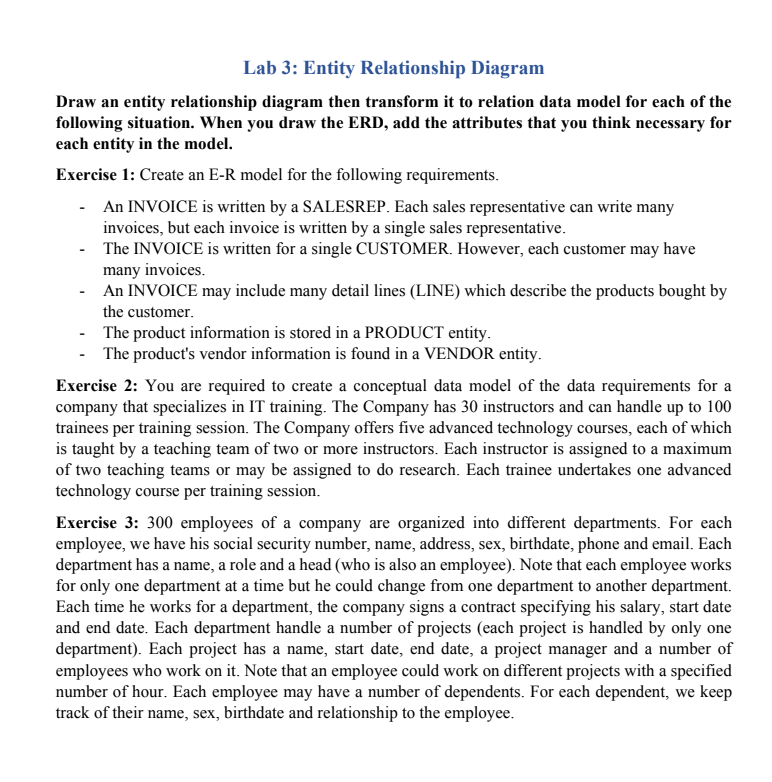 Solved Lab 3: Entity Relationship Diagram Draw an entity | Chegg.com