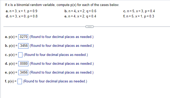 Solved If x is a binomial random variable, compute p(x) for | Chegg.com