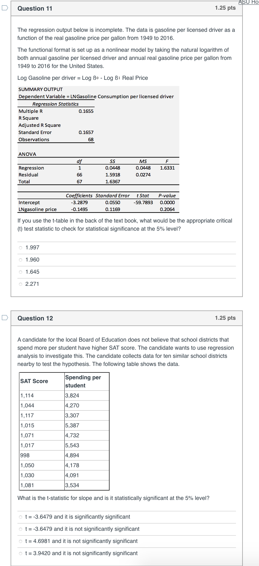Solved Question 11 ASU Ho 1.25 pts The regression output | Chegg.com