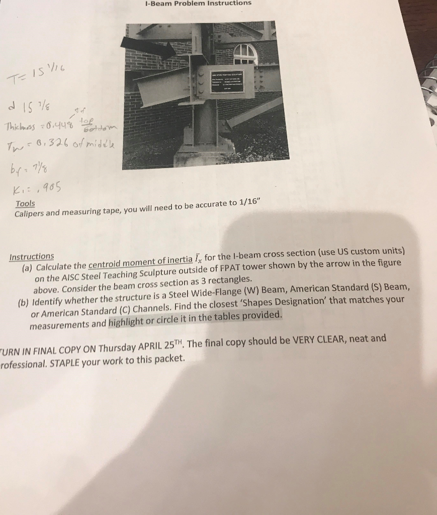 I-Beam Problem Instructions Tools Calipers and | Chegg.com